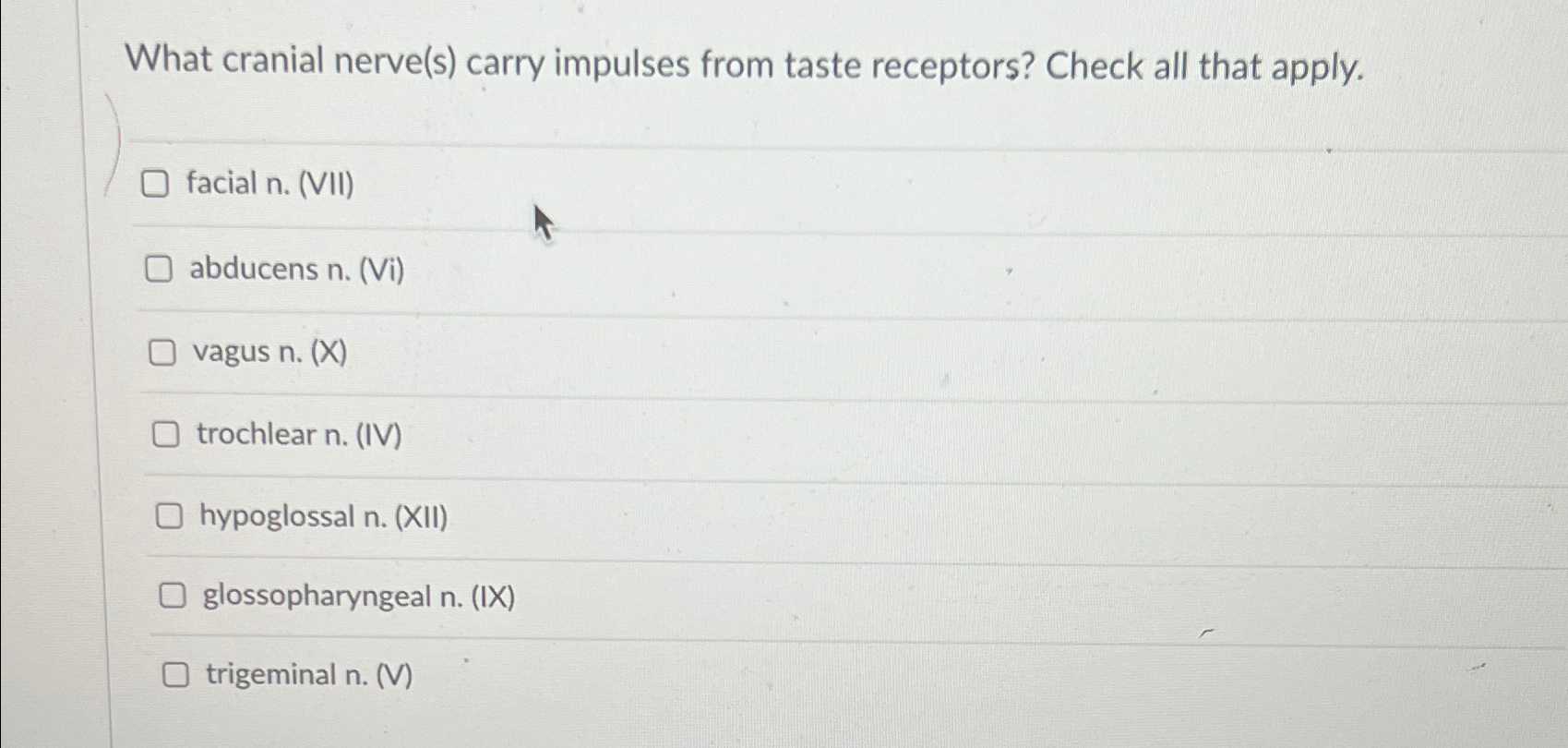 Solved What cranial nerve(s) ﻿carry impulses from taste | Chegg.com