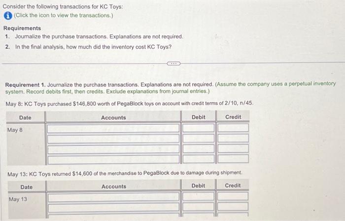 Solved Consider the following transactions for KC Toys: | Chegg.com