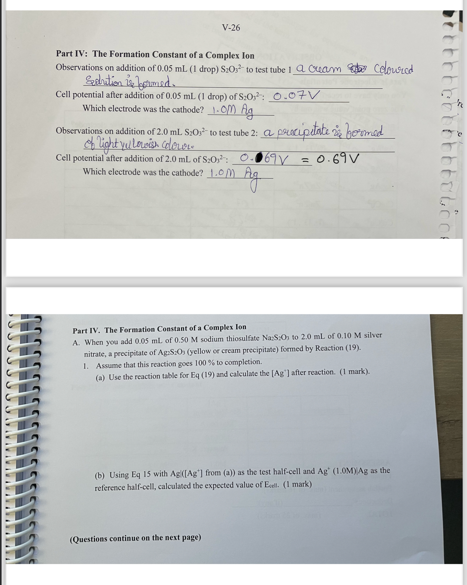 Part IV: The Formation Constant of a Complex | Chegg.com