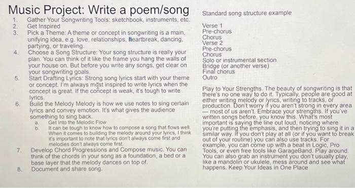 Music Project: Write a poem/song 1. Gather Your | Chegg.com