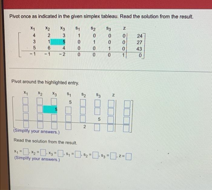 Solved Pivot once as indicated in the given simplex tableau. | Chegg.com