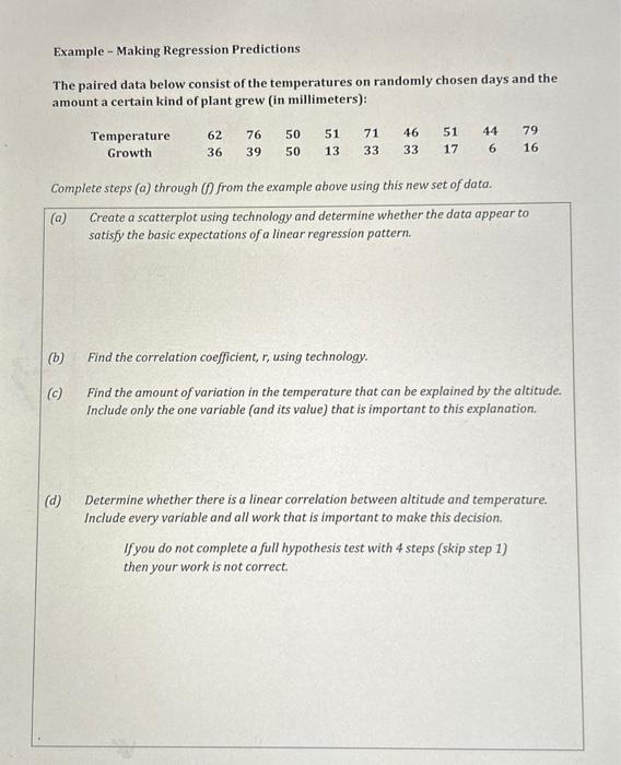 Solved Example - Making Regression Predictions The paired | Chegg.com