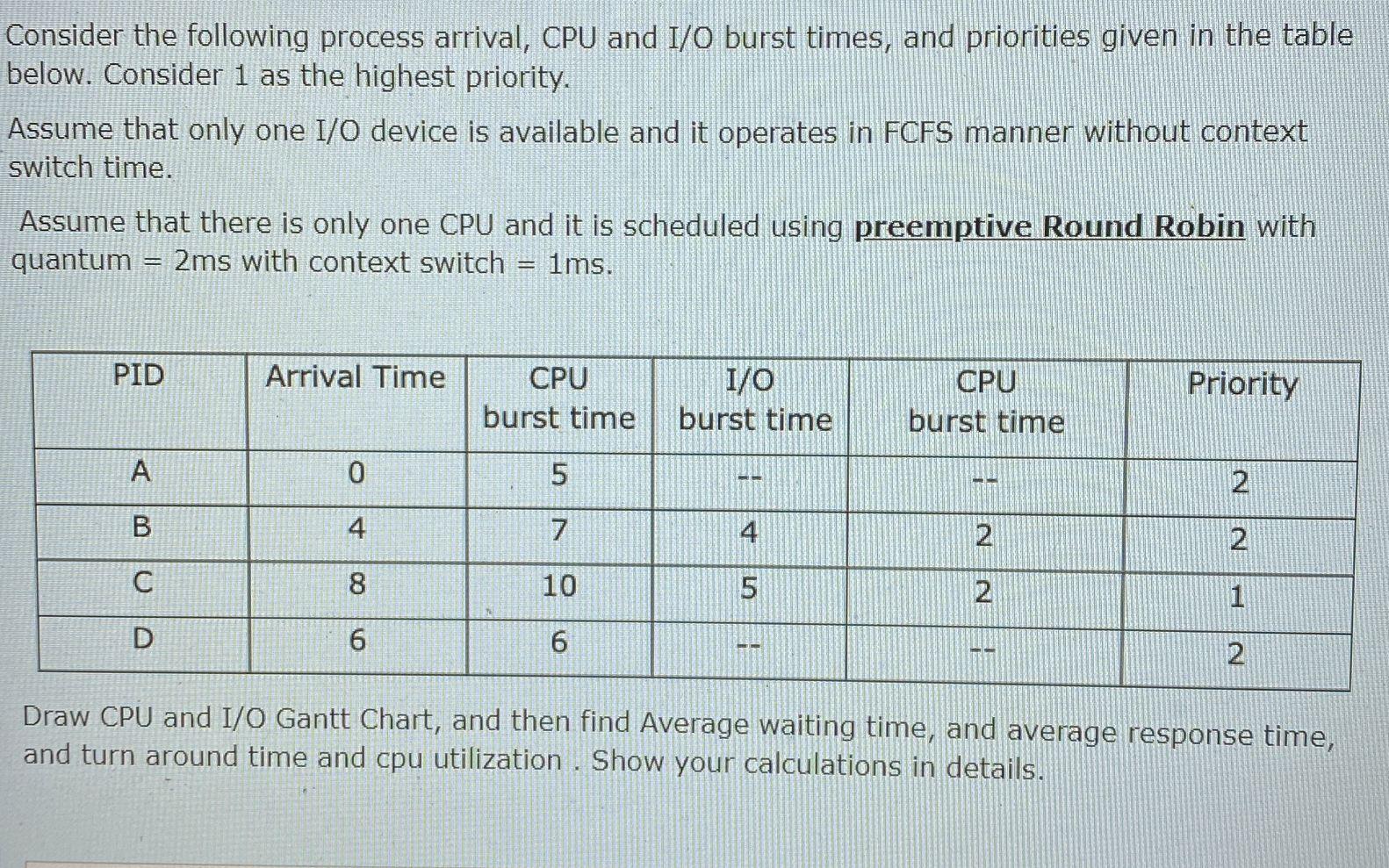 Solved Consider the following process arrival, CPU and I/O | Chegg.com
