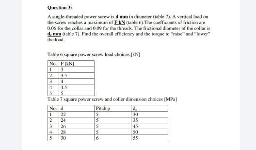 Solved Question 3: A single-threaded power screw is d mm in | Chegg.com