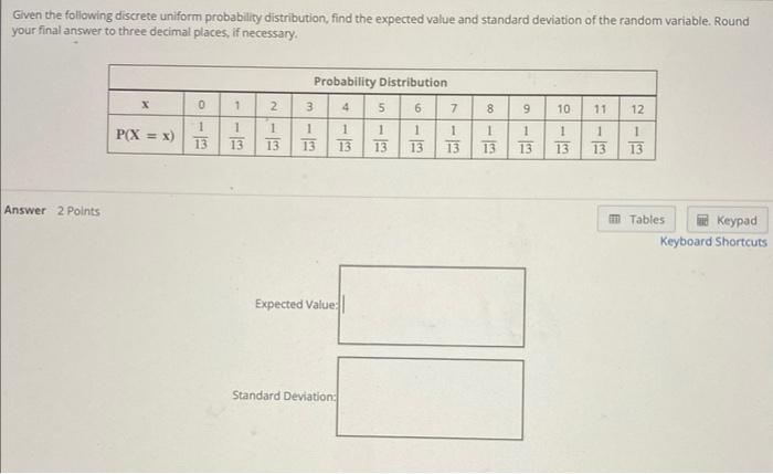 Solved Given the following discrete uniform probability | Chegg.com