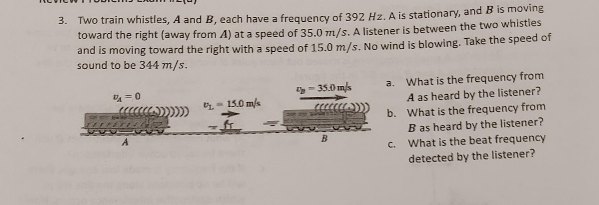 Solved 3. Two train whistles, A and B, each have a frequency | Chegg.com