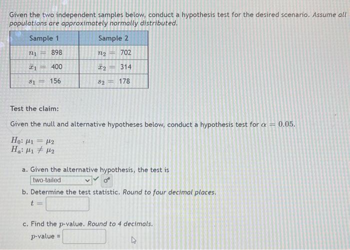 Solved Given the two independent samples below, conduct a | Chegg.com