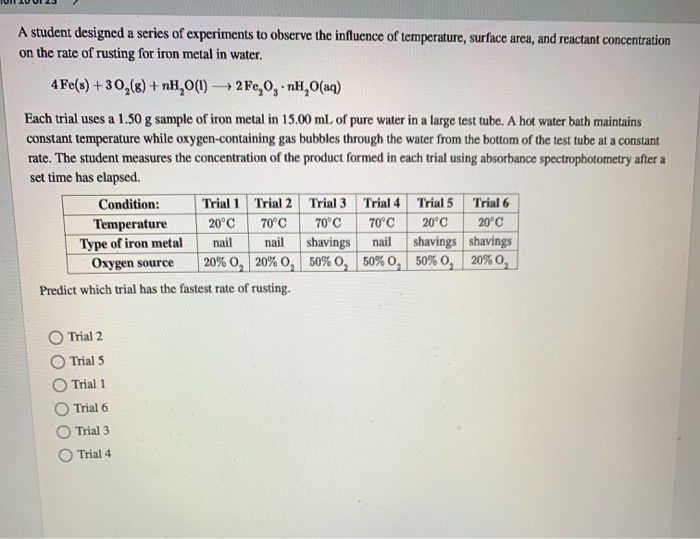 Solved A student designed a series of experiments to observe | Chegg.com
