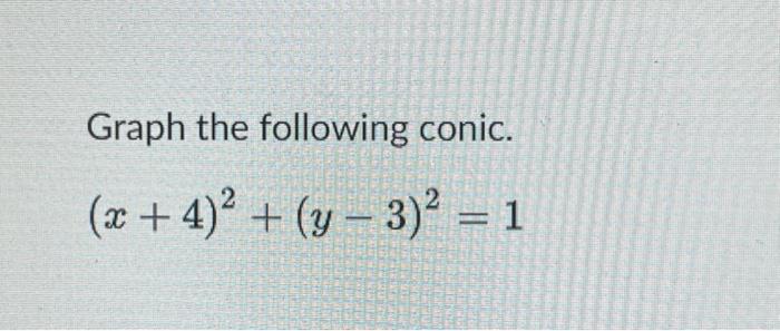 Solved Graph the following conic. (x+4)2+(y−3)2=1 | Chegg.com