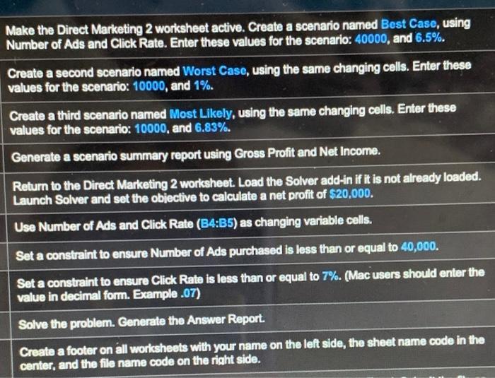 Solved On the Direct Marketing worksheet create appropriate | Chegg.com