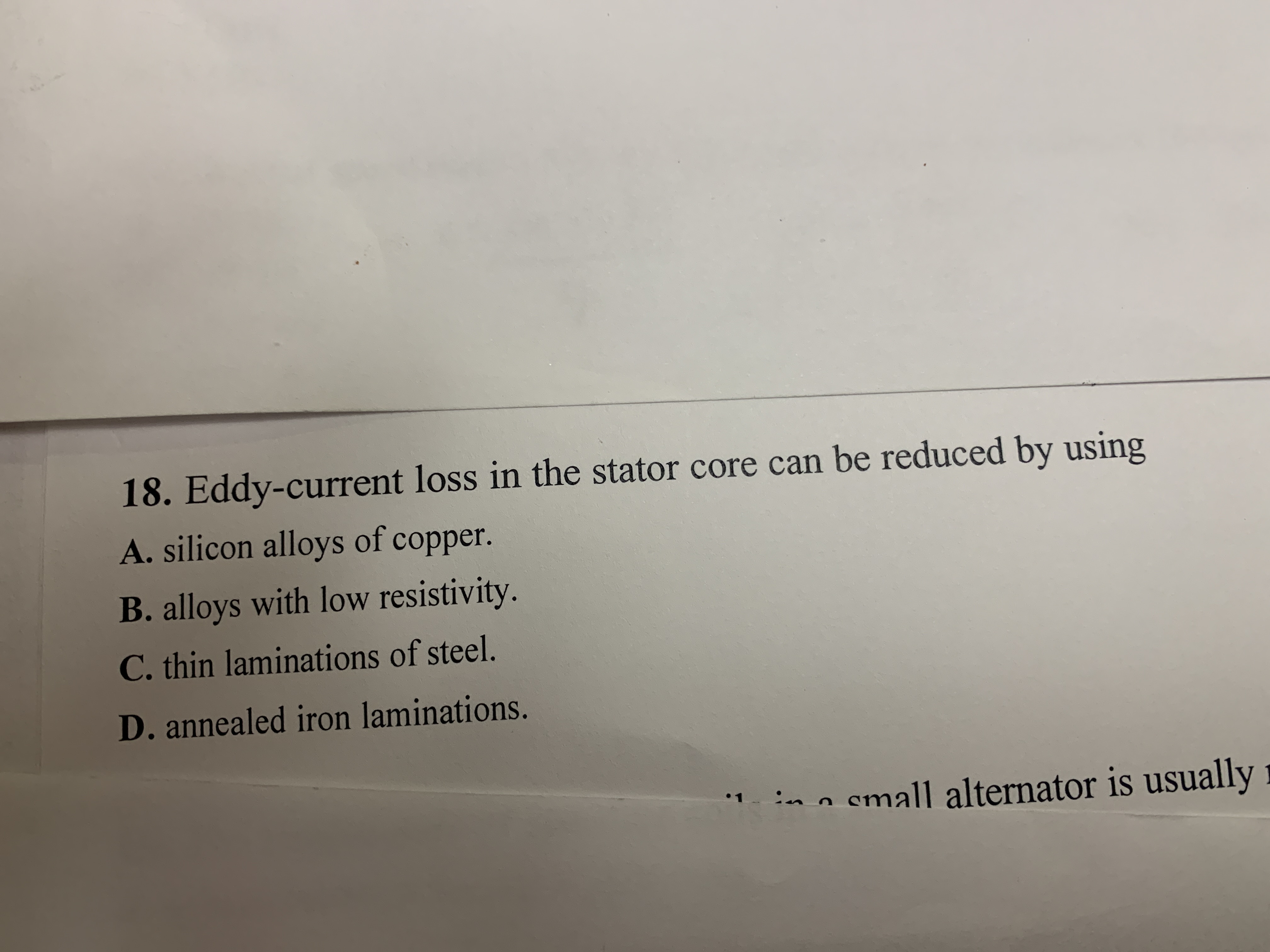 Solved 18. ﻿Eddy-current loss in the stator core can be | Chegg.com