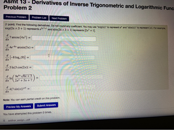 Solved Asmt 13 - Derivatives of Inverse Trigonometric and | Chegg.com