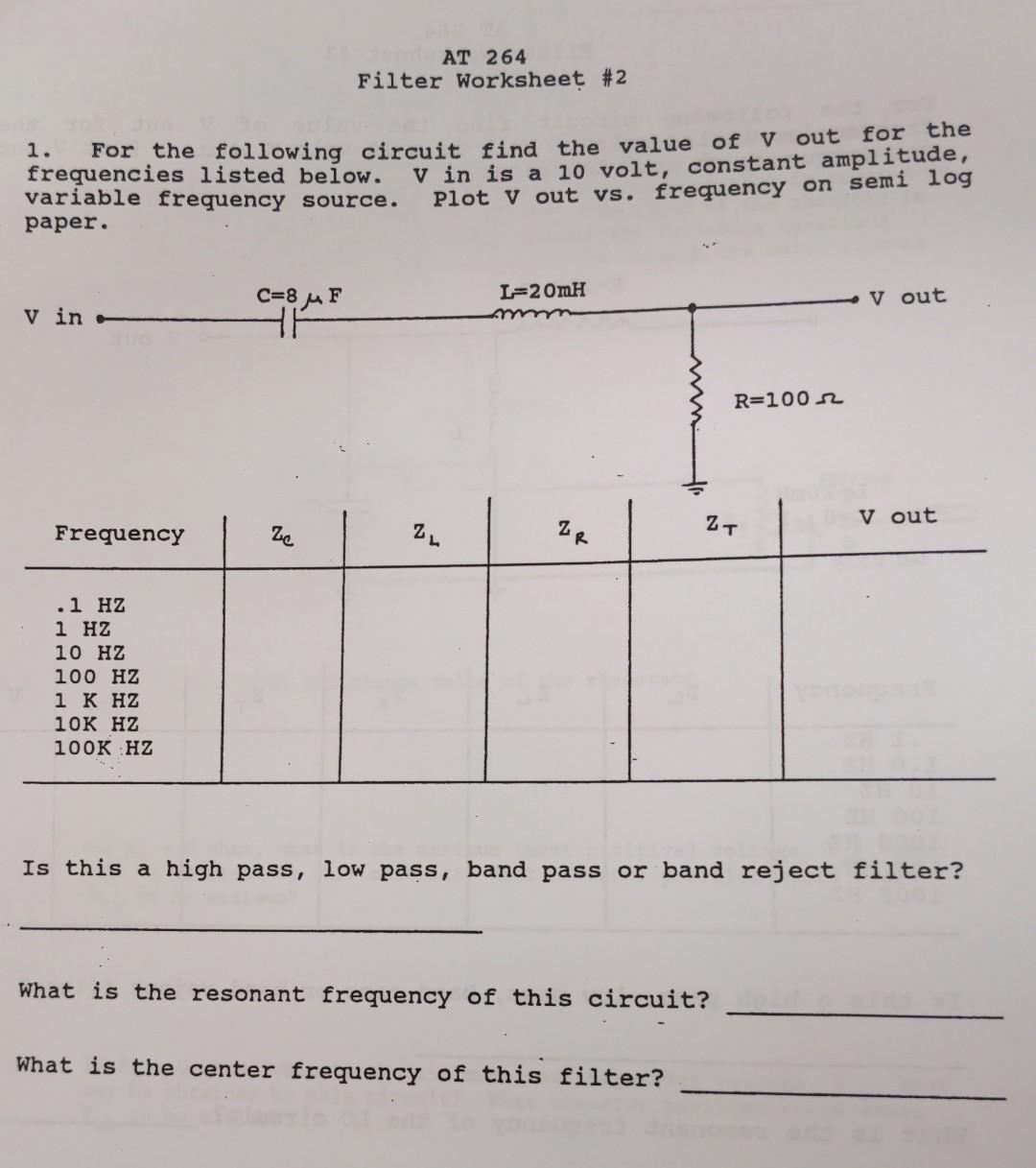 Solved AT 264 Filter Worksheet #2 1. For the following | Chegg.com