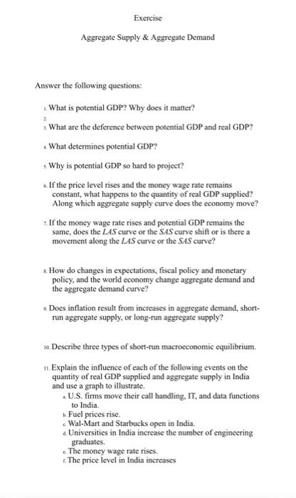 Solved Exercise Aggregate Supply \& Aggregate Demand Answer | Chegg.com