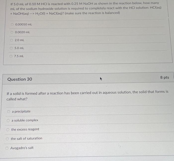Solved If 5.0 mL of 0.10MHCl is reacted with 0.25MNaOH as | Chegg.com