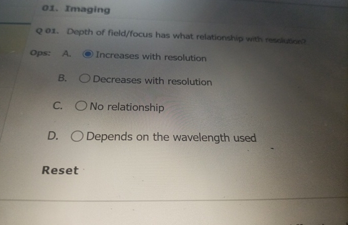 Solved ImagingQ o1. ﻿Depth of field/focus has what | Chegg.com