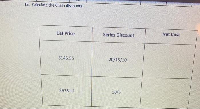 Solved 15. Calculate the Chain discounts: List Price Series | Chegg.com