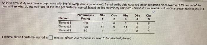Solved An initial time study was done on a process with the | Chegg.com