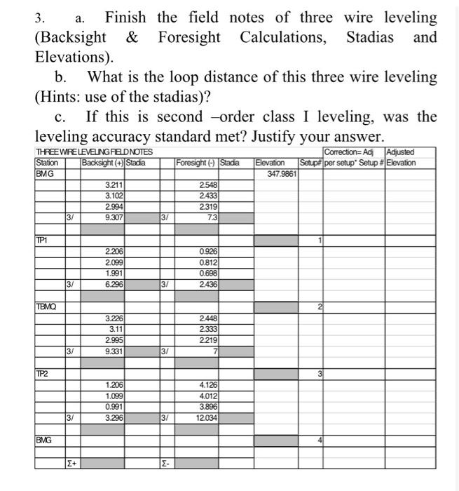 3. a. Finish the field notes of three wire leveling | Chegg.com