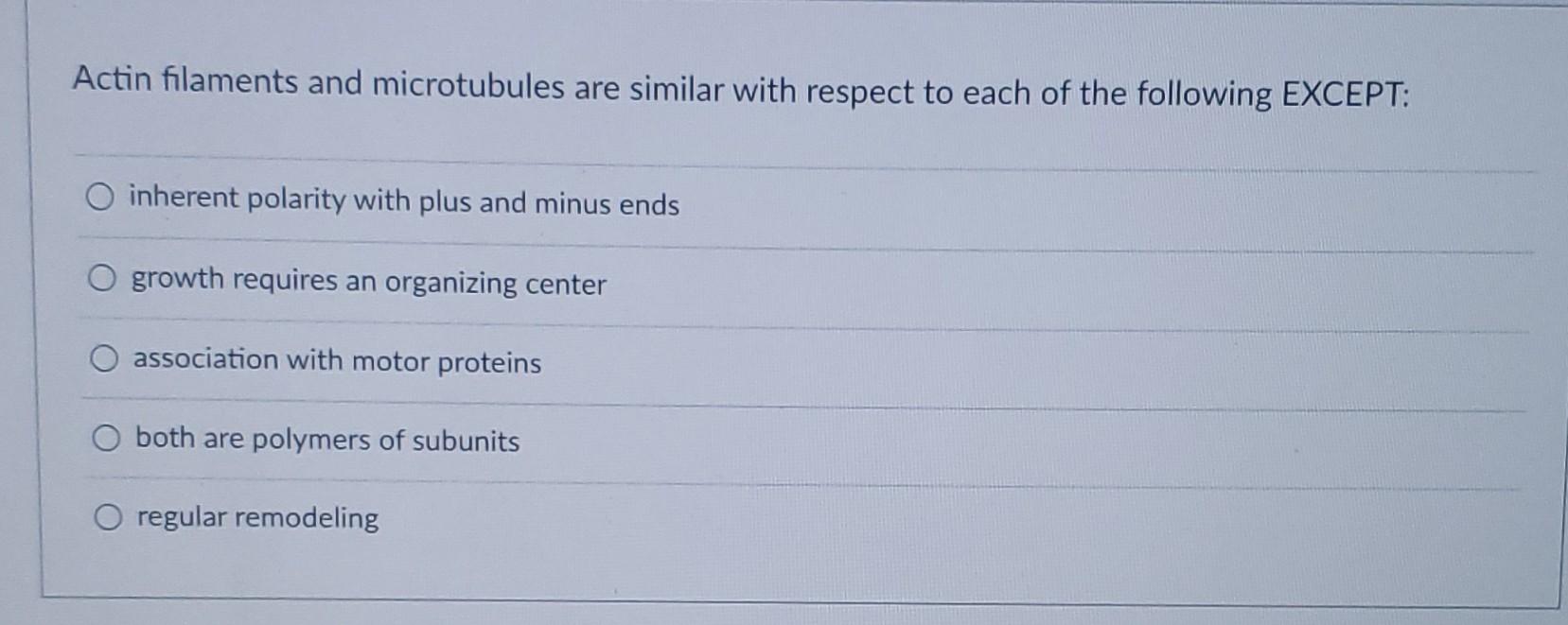 Solved Actin filaments and microtubules are similar with | Chegg.com