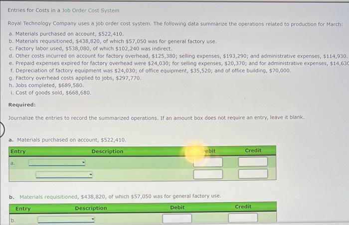 Solved Entries for Costs in a Job Order Cost System Royal | Chegg.com