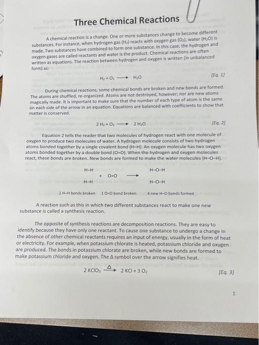 Solved Three Chemical Reactions A chemical reaction is a | Chegg.com