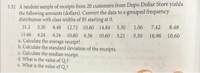 Solved 32 A random sample of receipts from 20 customers from | Chegg.com