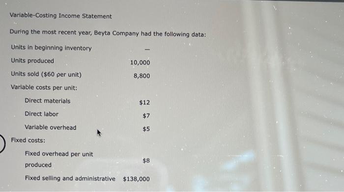Solved Variable-Costing Income Statement During the most | Chegg.com