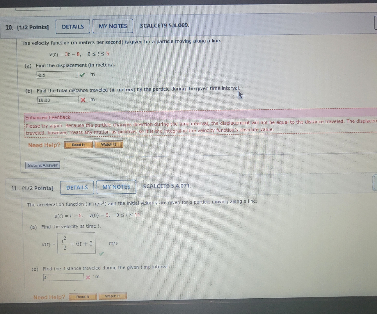 Solved [1/2 ﻿Points]SCALCET9 5.4.069.The velocity function | Chegg.com