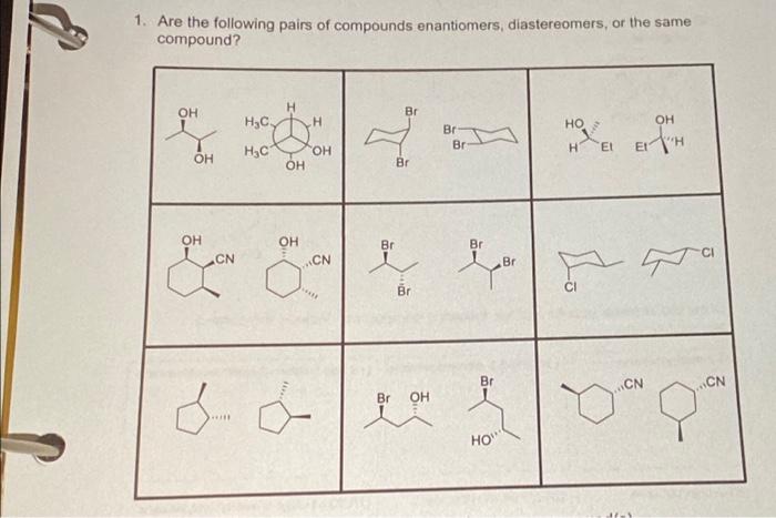Solved 1. Are the following pairs of compounds enantiomers, | Chegg.com