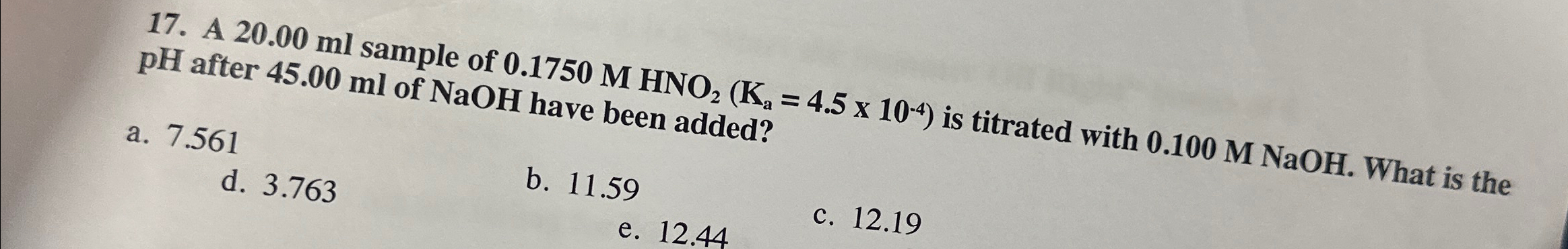 Solved A 20.00ml ﻿sample of )=(4.5×10-4 ﻿is titrated with | Chegg.com