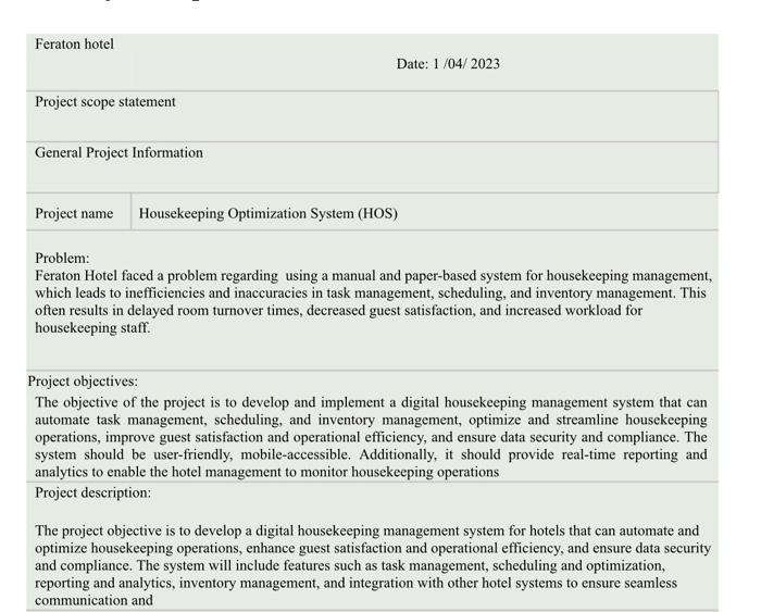 Solved Feraton hotel Date: 1/04/2023 Project scope statement | Chegg.com