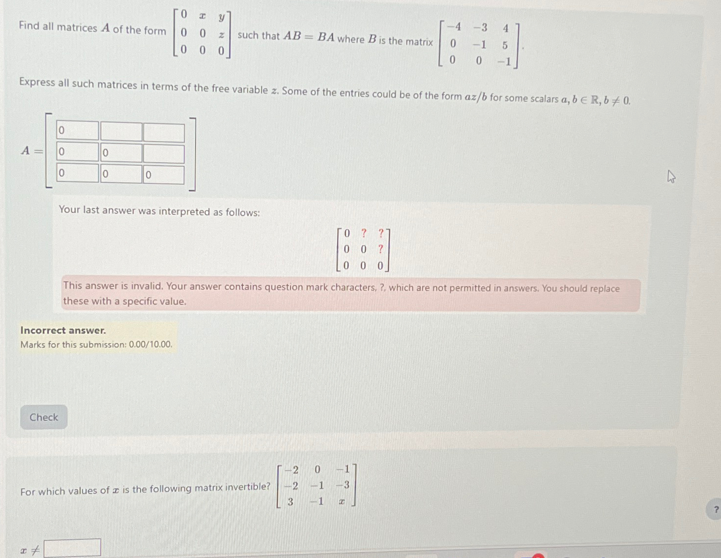 Solved Find all matrices A ﻿of the form [0xy00z000] ﻿such | Chegg.com
