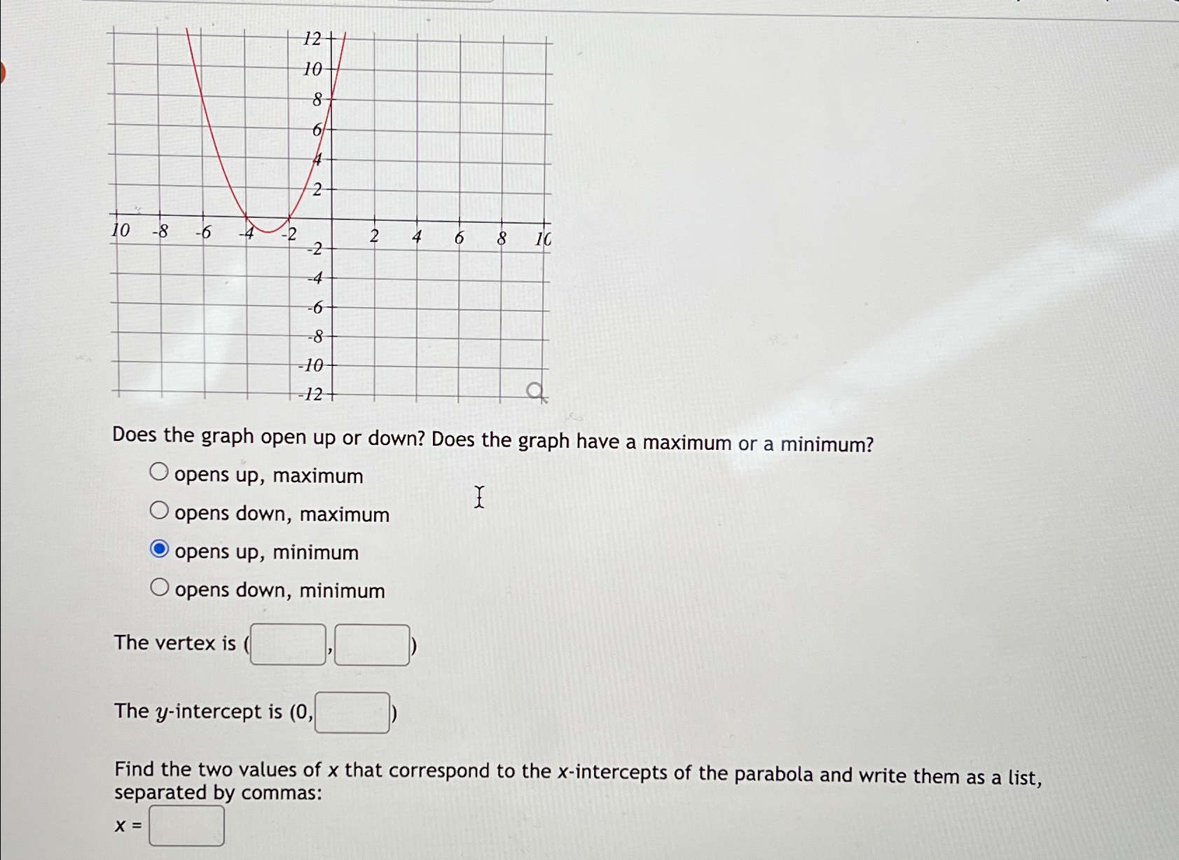 Solved Does the graph open up or down? Does the graph have a | Chegg.com