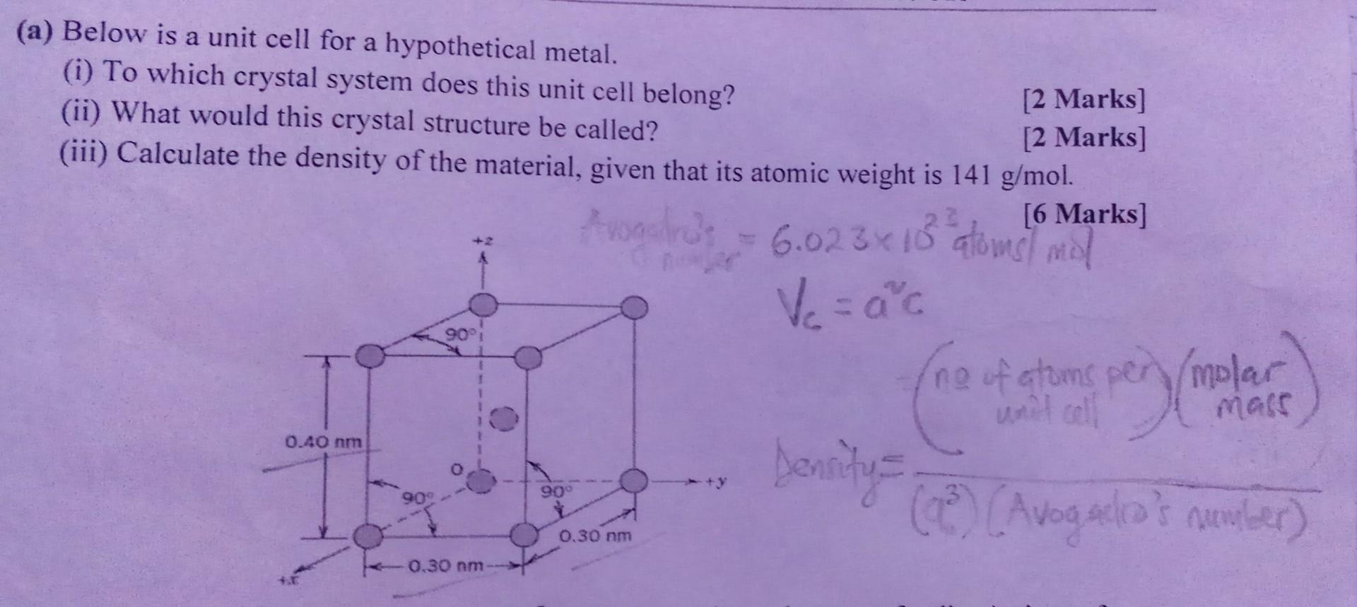Solved (a) Below is a unit cell for a hypothetical metal. | Chegg.com