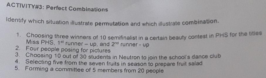 Solved ACTIVITY#3: Perfect Combinations Identify which | Chegg.com