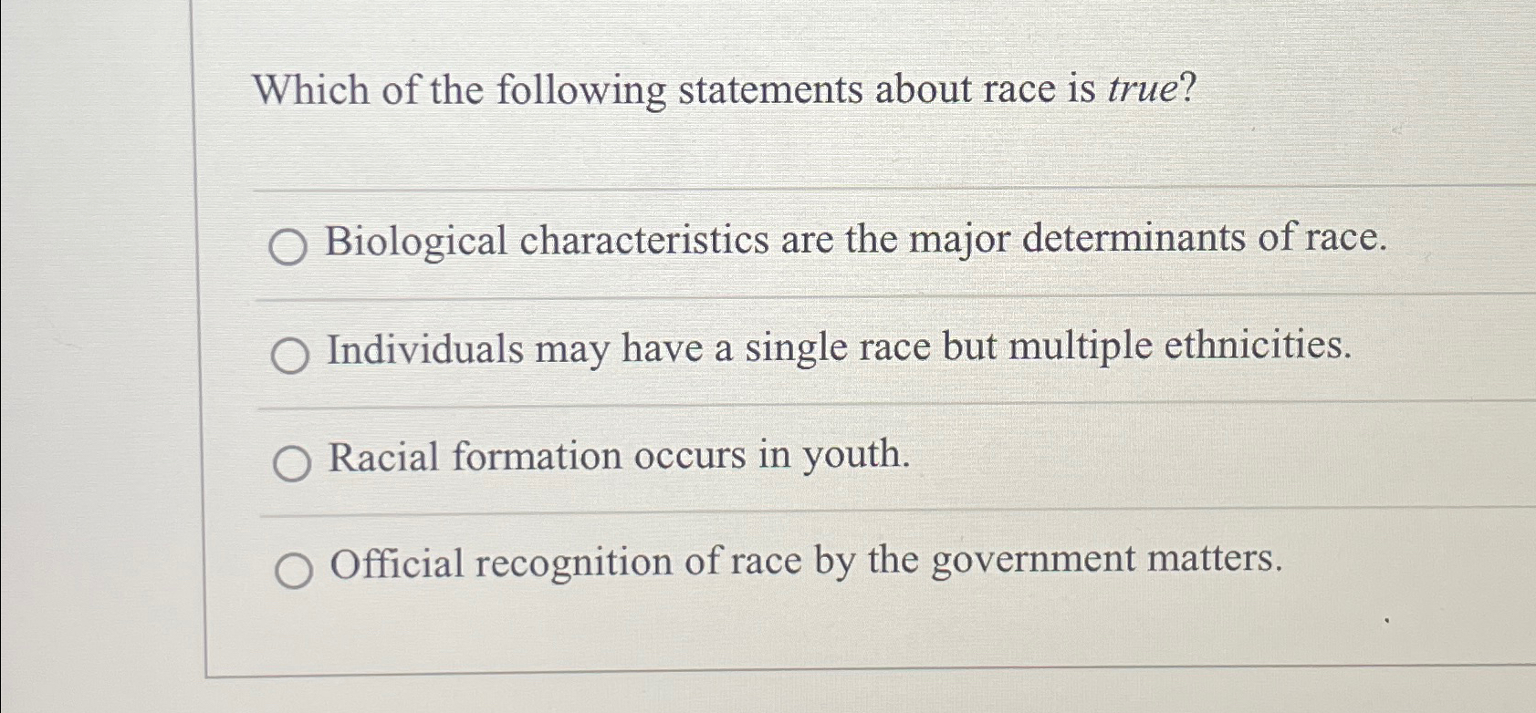 Solved Which of the following statements about race is | Chegg.com