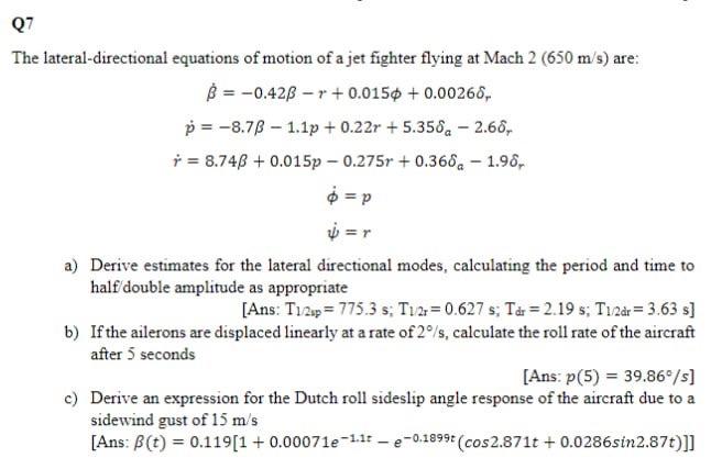 Solved The lateral-directional equations of motion of a jet | Chegg.com