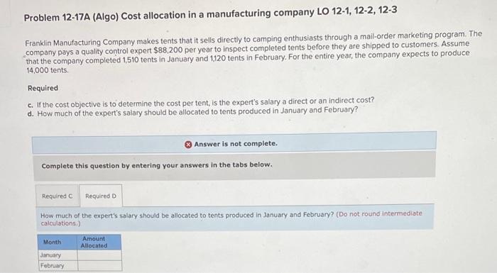 Solved Problem 12-17A (Algo) Cost allocation in a | Chegg.com