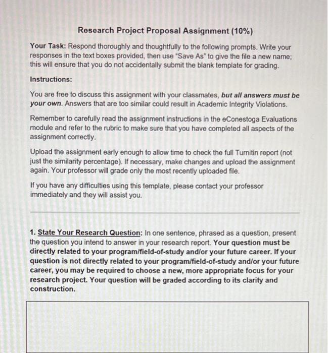 Research Project Proposal Assignment (10\%) Your | Chegg.com