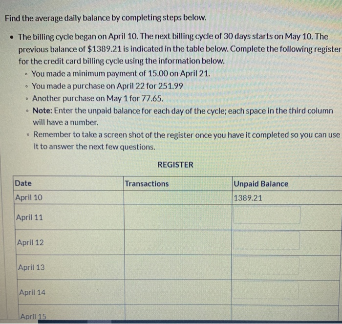 Solved Find the average daily balance by completing steps | Chegg.com