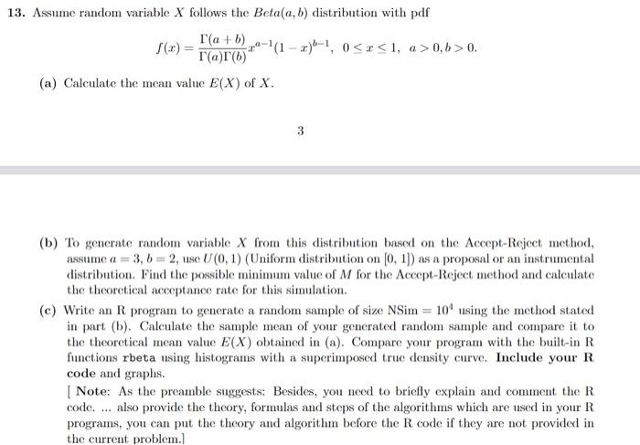 Solved 13. Assume random variable X follows the Beta(a,b) | Chegg.com