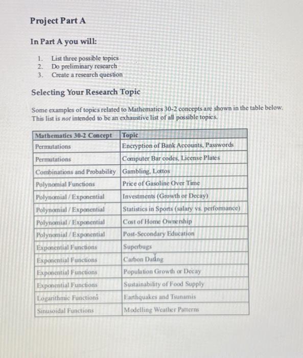 Solved Project Part A In Part A you will: List three | Chegg.com