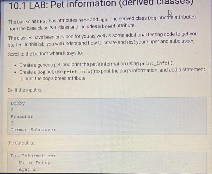Solved The base class Pet has attributes name and age. The | Chegg.com