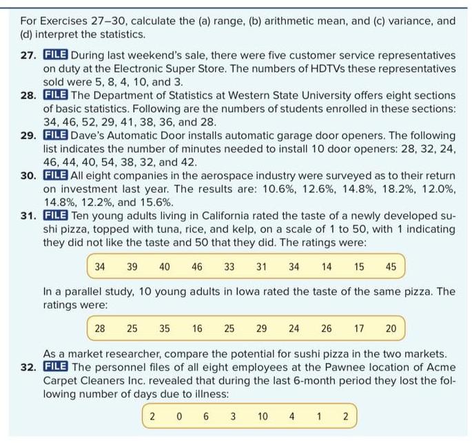 Solved For Exercises 27-30, calculate the (a) range, (b) | Chegg.com