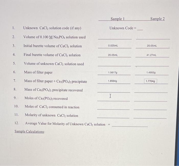 Solved Sample 1 Sample 2 1. Unknown CaCl, solution code (if | Chegg.com