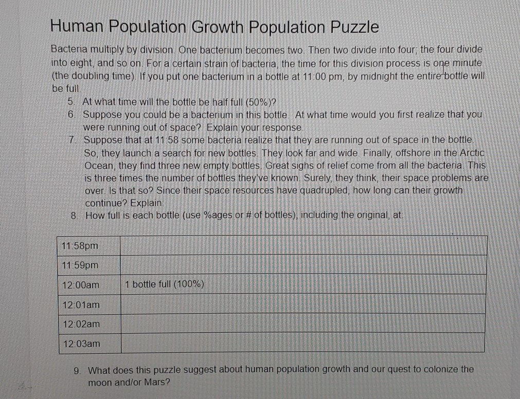 Solved Human Population Growth Population Puzzle Bacteria | Chegg.com