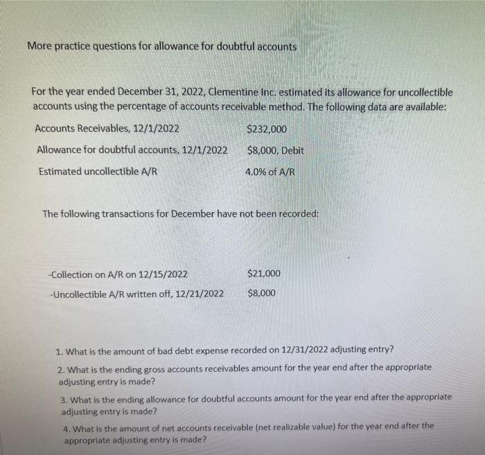 More practice questions for allowance for doubtful | Chegg.com