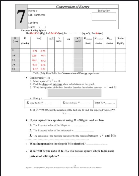 Solved Conservation of Energy Evaluation 7 Name : Lab. | Chegg.com