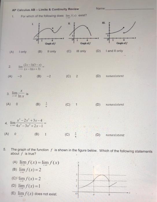 Solved Name AP Calculus AB - Limits & Continuity Review 1 | Chegg.com
